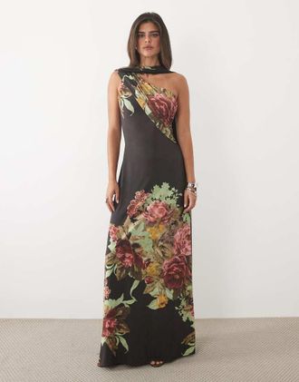 Asos robe longue colonne fluide &agrave; imprim&eacute; fleuri avec d&eacute;tail franges d&eacute;charpe en noir-Multi