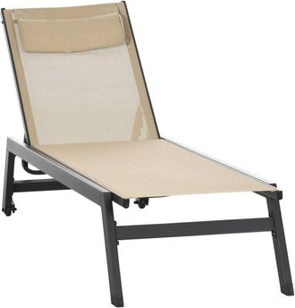 OUTSUNNY Bain de soleil transat inclinable 5 positions - t&eacute;ti&egrave;re, 2 roulettes - alu. textil&egrave;ne kaki