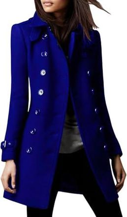 Lazutom Manteau chaud à double boutonnage en laine pour femme, bleu, M
