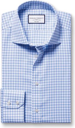 CHARLES TYRWHITT Bügelfreies Twill-Hemd mit Gingham-Karos - Kornblumenblau Knopfmanschette