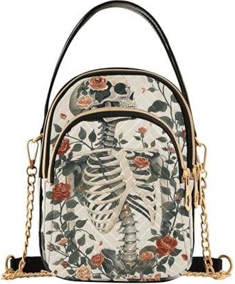 Mnsruu Sac à bandoulière pour femme - Motif squelette de roses et fleurs - Crâne - Petit sac à bandoulière avec sangle réglable