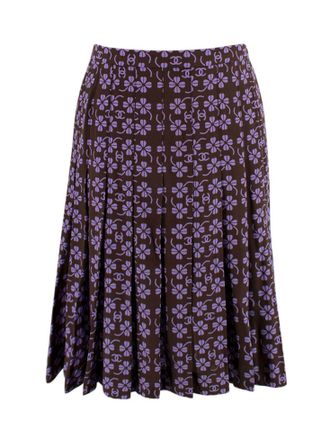 Chanel Purple & Black Clover Print Pleated Silk Skirt Size XS