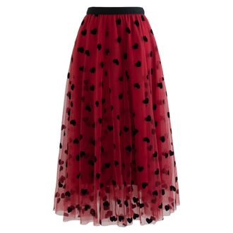 Chicwish Damen Karamell/Dusty Blue/White/Black 3D Posy Doppellagiger Mesh Midi Rock, Rot-3D-Herz, 40