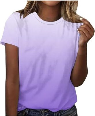 Generic T-shirt d&eacute;t&eacute; &agrave; manches courtes et col rond d&eacute;grad&eacute; de couleur d&eacute;contract&eacute;e pour femme, Z02-violet clair, XL