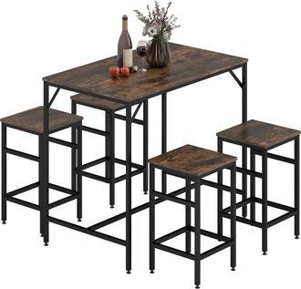 HOMCOM 5-teiliges Bartisch Set Bartisch mit Barhocker-Set Esstisch mit 4 St&uuml;hlen K&uuml;chentisch f&uuml;r Esszimmer, K&uuml;che, Rustikal-Braun+Schwarz