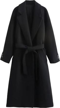 Generic Womens Pea Coats Winter Winter Elegant Wool Blend Peacoat Notched Lapel Collar Open Front Trench Coat Black Medium