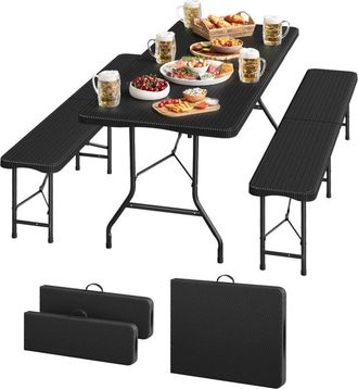Woltu Ensemble de Meubles de Jardin, Set de 3 pi&egrave;ces : Table + 2 bancs Pliables, avec Structure en M&eacute;tal, en Aspect Rotin, Noir