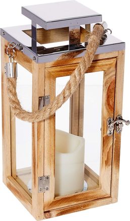 Lights4fun Holzlaterne aus Massivholz mit Glas & LED-Kerze | mit Seilgriff & Edelstahl-Deckel | 6-Std. Timer | batteriebetrieben | Deko-Laterne f&uuml;r Innen & gesch