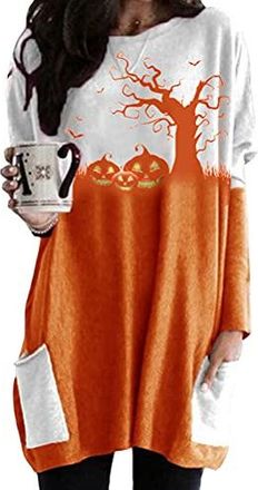 ORANDESIGNE Sweat Femme Fantaisie Drôle Impression Halloween Citrouille Long Pullover Grande Taille Ample Automne Hiver Manches Longue Tops Mode Décontracté Hauts