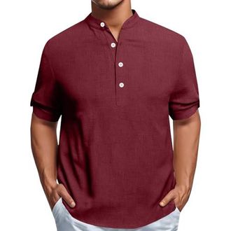 Generic Chemises en lin pour homme - Chemises &agrave; manches courtes en coton et lin pour homme - Polo &agrave; manches courtes - Col en V - Lot long - Blanc - T-shirt de