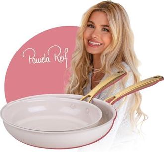 Fackelmann x Pamela Reif Bratpfannen-Set 2-tlg Ø 24-28 cm - Stilvolle Pfannen aus recyceltem Aluminium, pastell beige mit edler Gold-PVD-Behandlung, für alle Her