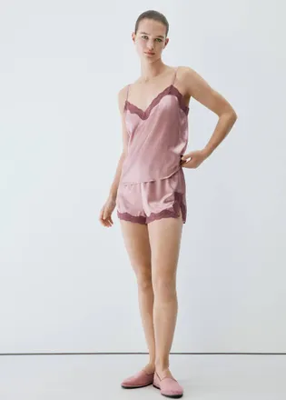 Mango Short en soie et dentelle contrast&eacute;e rose pastel - Femme - S - MANGO