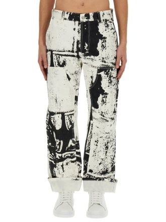 Alexander McQueen Fold Print Cotton Jeans - White