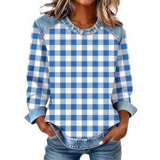 Generic Sweat-shirt en denim patchwork surdimensionn&eacute; &agrave; col rond pour femme - Pull confortable &agrave; manches longues - Chemises en jean tendance &agrave; carreaux - Haut
