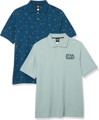 Amazon Essentials Disney | Marvel | Star Wars Herren Piqué-Poloshirt aus Baumwolle, Normale Passform, 2er-Pack, Star-Wars-Logo-Schiffe, XXL