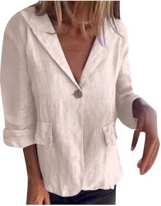 Generic 2026 Vestes pour femmes, veste en lin &agrave; revers boutonn&eacute;, grande taille, ample, uni, style boh&egrave;me, kaki, 3XL