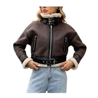 Generic Veste en fausse peau de mouton pour femme avec doublure en fausse fourrure, col montant et ceinture multi-fermeture éclair, marron, XS