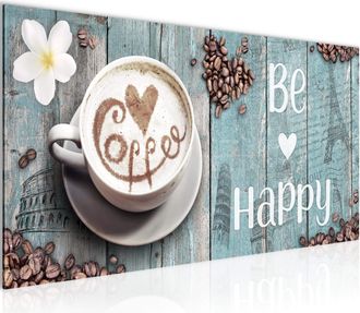 Runa Art Wandbild Küche Kaffee 1 Teilig 100 x 40 cm Modern Bild auf Vlies Leinwand Be Happy Esszimmer Küchenbilder Blau 020712c