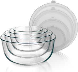 Arendo Salatsch&uuml;ssel aus Glas mit Deckel - Glassch&uuml;ssel 4er Set - 700ml + 1100ml + 2700ml + 4400ml - R&uuml;hrsch&uuml;sseln klein bis gro&szlig; - Borosilikatglas - Glassch