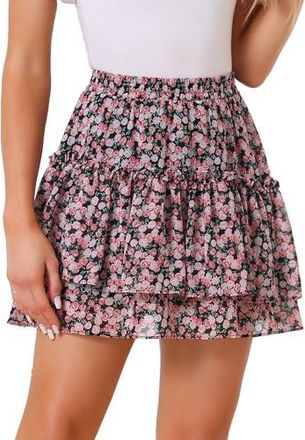 Allegra K Jupe Courte Imprim&eacute; Floral Frais A-Ligne Mini Jupes Courtes pour Femme Noir Rose XL