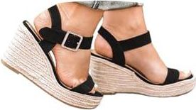 Generic Sandales &agrave; talons compens&eacute;s pour femme, style boh&eacute;mien, espadrilles, talons hauts d&eacute;t&eacute;, bout ouvert, sandales &agrave; enfiler pour femme, Noir, 39.5 EU