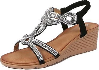 Generic Sandales Femme Grande Taille Compensées Bout Ouvert Extérieur Antidérapant Été Tendance Strass Bohème Rétro Élastique Slip On Sandales Légères Plage V