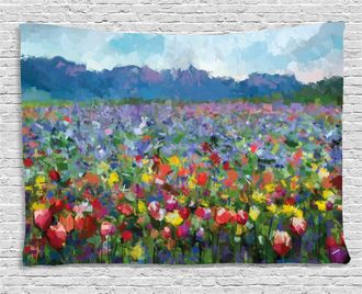 Abakuhaus Kunst Wandteppich, Ländliche Landschaft Tulip, Wohnzimmer Schlafzimmer Heim Seidiges Satin Wandteppich, 200 x 150 cm, Blau Rubin