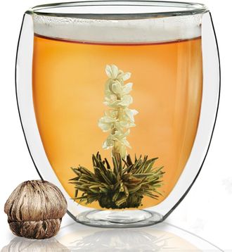 Creano Doppelwandiges Thermoglas bauchig XXL, Extra Großes Hitzebeständiges Kaffeeglas/Teeglas | 400ml inkl. einer Teeblume