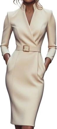 Generic Robe moulante &agrave; manches longues de style fran&ccedil;ais avec col en V et lacets pour femme Moda Robe d&eacute;v&eacute;nements dautomne, abricot, XL