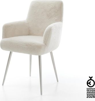 DELIFE Esszimmerstuhl Heira-Flex mit Armlehnen Pl&uuml;sch Creme-Wei&szlig; 4-Fu&szlig; konisch Edelstahl Taschenfederkern, Esszimmerst&uuml;hle