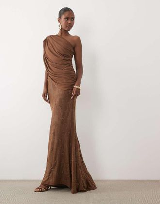 Asos Robe longue drap&eacute;e asym&eacute;trique avec jupe &agrave; strass thermocoll&eacute;s - Chocolat-Marron