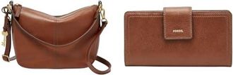 Fossil Sac pour femmes Jolie, Cuir éco/polyuréthane garniture croisée marron 27.9 cm L x 7.6 cm l x 20.3 cm H ZB7716200 + Portefeuille pour femmes Logan, Poc