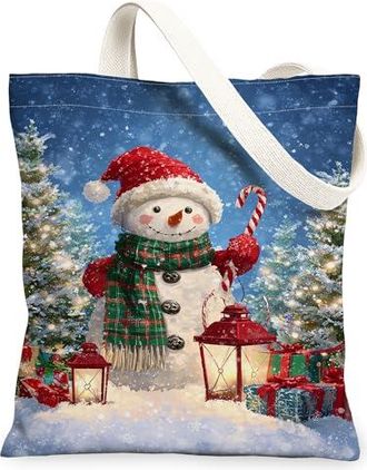 Generic Sacs fourre-tout en toile motif bonhomme de neige dhiver, sacs d&eacute;picerie r&eacute;utilisables, vintage, festif, l&eacute;ger, lavable, Bleu, 13x15 Inch