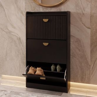 Mendler Schuhschrank HWC-O39, Schuhkipper Schuhregal 3 Klappen Klappf&auml;cher MDF Melamin Metall 117x60x24cm - Holzoptik schwarz