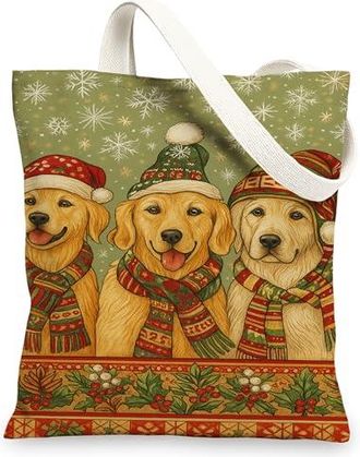 Generic Sac fourre-tout en toile motif chien mignon, adorable sac à provisions réutilisable, vacances fantaisie, léger, lavable à lépaule, vert, 13x15 Inch