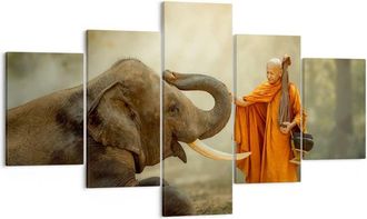 Arttor Mehrteilige Bilder auf Leinwand Elefant Mönch Stoßzahn Leinwandbild 125x70cm Wandbilder Dekoration Wohnzimmer Schlafzimmer Set 5 teilige Klein Wanddek