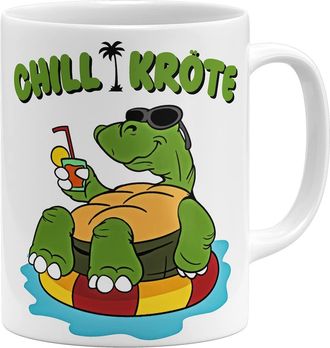 OM3 Coole Chill Kröte Schildkröte Tasse mit lustigem Spruch Wortspiel - Keramik Becher - 325ml - Beidseitig Bedruckt - Weiss
