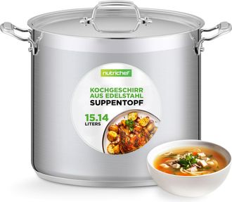 Nutrichef NutriChef Edelstahl Kochtopf 15,1L Induktion - Suppentopf mit Deckel, Profiqualität für Gastronomie & Meal Prep Hitzebeständig bis 260 °C, Spülmaschin