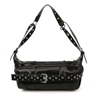 Generic Sac &agrave; main en cuir synth&eacute;tique avec rivets sous les bras et boucle de ceinture pour femme, travail, shopping, voyage, quotidien, Noir, 13.58x5.71x5.51