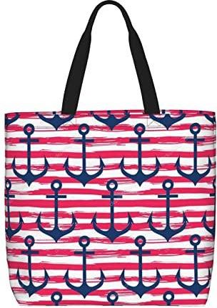 Generic Sac Fourre-Tout Ancre Et Rayures Rouges Sac &Agrave; Dos Personnaliser De Grande Capacit&eacute; Sacs En Toile Pour Femmes, Pour Femmes, Tous Les Jours, Shopping, B