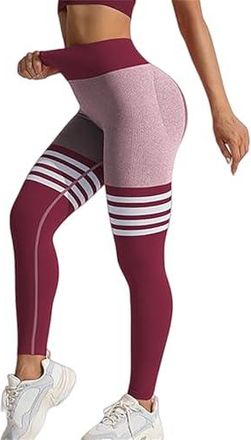 Generic Legging dext&eacute;rieur ray&eacute; pour femme, taille haute, pantalon de yoga et de course, pantalon de sport 3/4, avec poche pour t&eacute;l&eacute;phone portable, Bordeaux, 