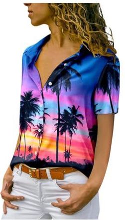 Generic Chemise hawaïenne décontractée pour femme - Chemises dété tropicales des Caraïbes boutonnées à manches courtes - Chemises de croisière à manches court
