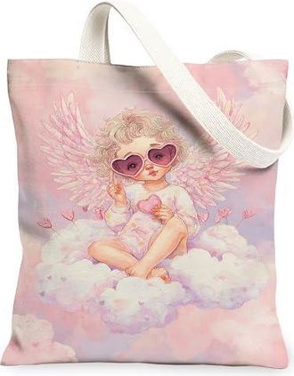 Generic Sac fourre-tout en toile motif ange, mignon motif ch&eacute;rubin, sacs d&eacute;picerie r&eacute;utilisables, printemps vintage, l&eacute;ger et lavable, p&ecirc;che, 13x15 Inch