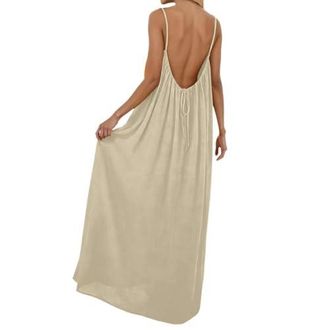 Generic Robe caraco dos nu pour femme - Robe longue sans manches avec noeud dans le dos - Couleur unie, beige, 5XL