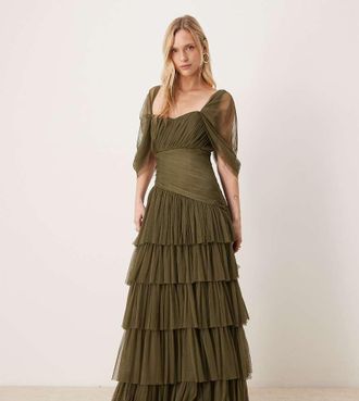 Lace & Beads Petite Robe longue et asym&eacute;trique en tulle avec volants - Olive fonc&eacute;-Noir