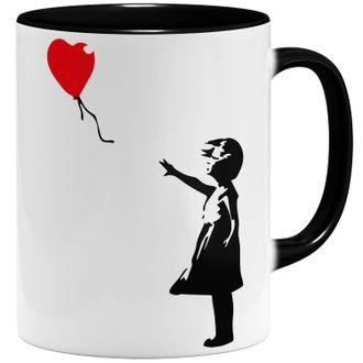 OM3 Banksy Kaffee-Tasse mit Balloon Girl - Street Art Graffiti Stencil - Keramik Becher - 325ml - Beidseitig Bedruckt - Schwarz