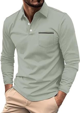 Generic Polo pour homme, col basculant, t-shirt Henley, manches longues, couleur unie, chemise formelle avec poche poitrine, coupe confortable, 1/4 bouton, t-