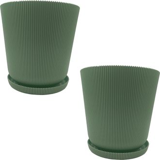 Relaxdays Blumentopf, 2er Set, Pflanztopf mit Untersetzer, Rillen, H x D: 20 x 20 cm, Kr&auml;utertopf, Kunststoff, Salbei