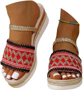 Onsoyours Sandale Femme Été Espadrilles Compensées Plateforme Sandales Casual Mode Bout Ouvert Chaussures de Plage Confortable Talon Compensé C Rouge 40 EU