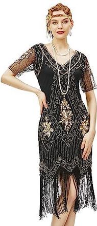 Babeyond ArtiDeco Robe Soirée / Robe de Nuit pour Femme, Doré Noir, M/ UK 12-14/ EU 40-42